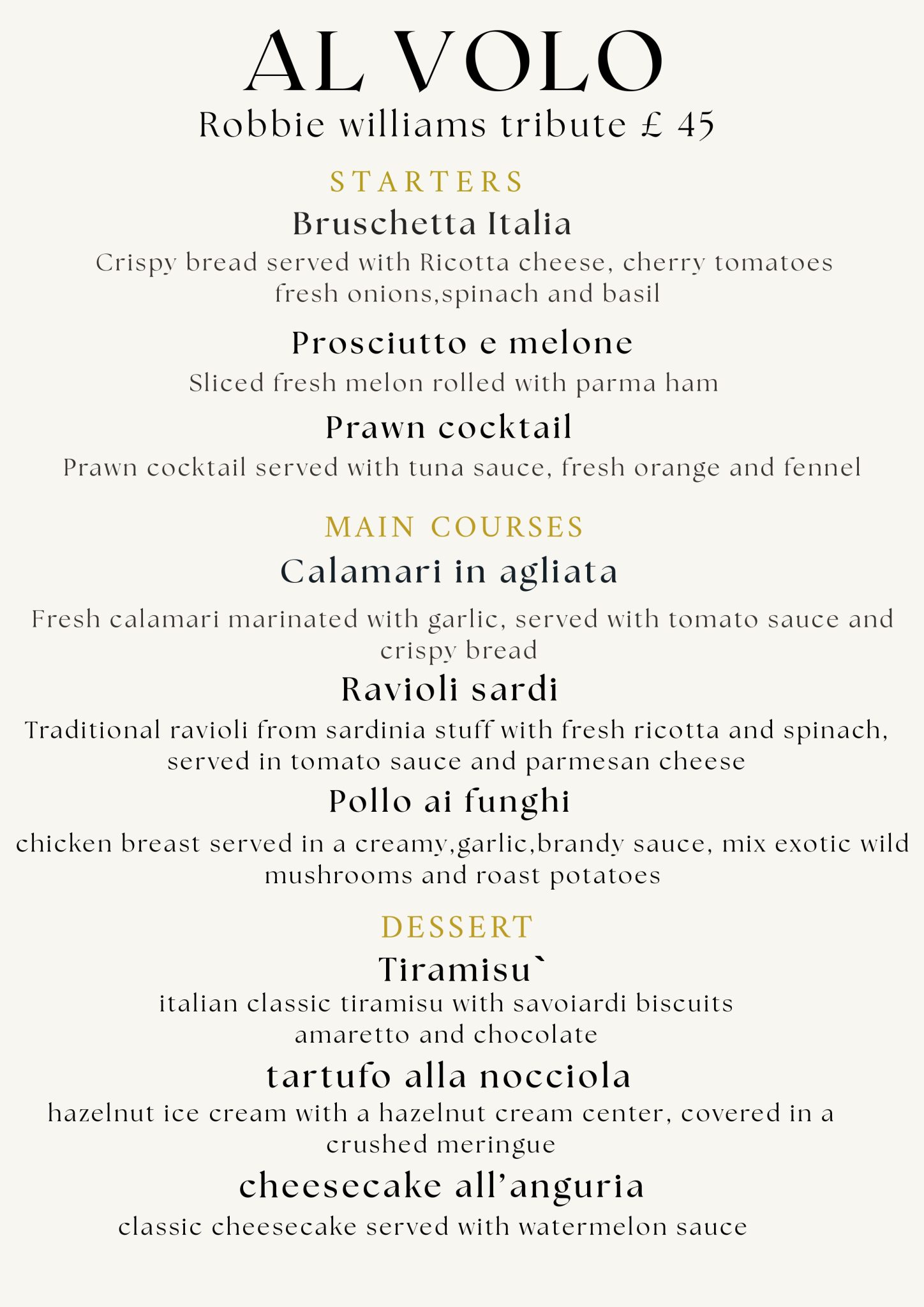 Event Menus - AL VOLO RUFFORTH
